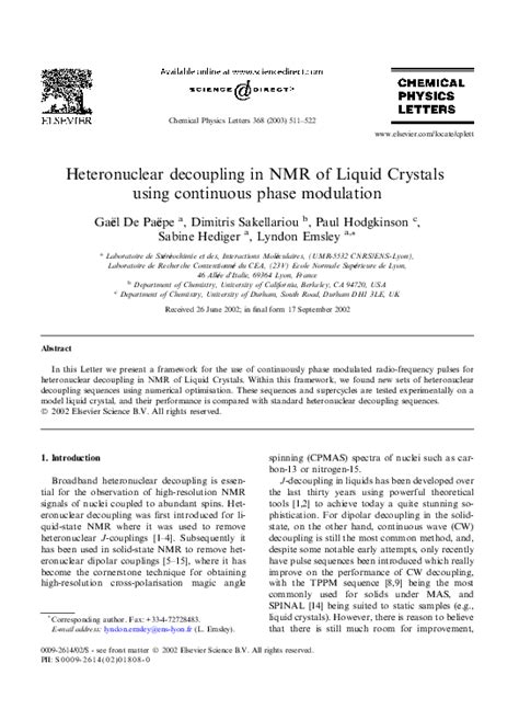 Pdf Heteronuclear Decoupling In Nmr Of Liquid Crystals Using Continuous Phase Modulation