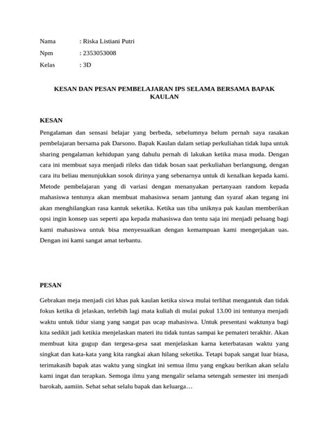 Kesan Dan Pesan Ips Riska Listiani Putri 2353053008 Pdf