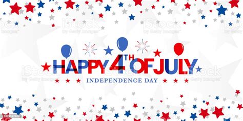 미국 7월 독립기념일 축하 형형문자 빨간색 파란색 흰색 스타버스트 추상적 배경에 별과 색종이가 있는 타이포그래피 디자인 포스터 배너 엽서 전단지 인사말 카드 벡터 그림입니다