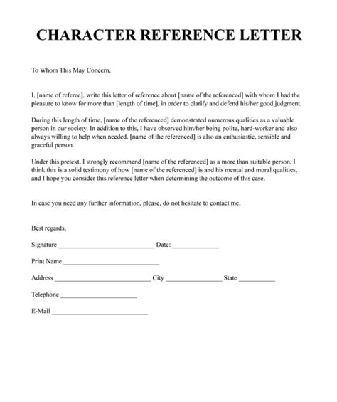Character Reference Letter Template Word