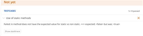 Solved Not yet TESTCASES 5 8 passed Use of static methods Х Chegg com