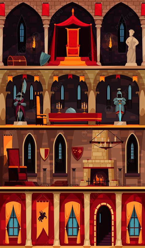 중세 성 내부 4 평면 배너 식당 볼룸 왕좌 룸 격리 된 벡터 일러스트 레이 션 설정 배경 배경 화면 및 일러스트 무료 다운로드