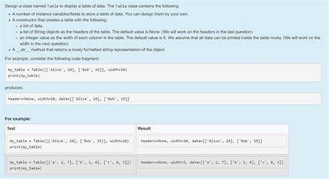 Solved Design A Class Named Table To Display A Table Of Chegg Com