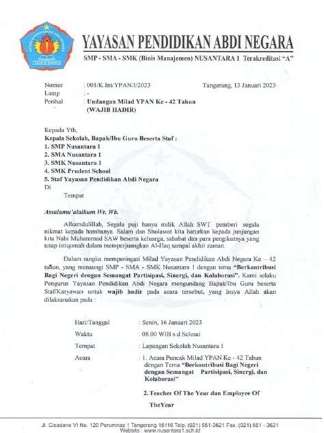 Surat Undangan Milad Unit Sekolah Pdf