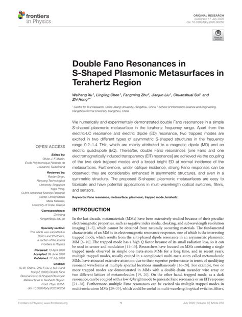 Pdf Double Fano Resonances In S Shaped Plasmonic Metasurfaces In Terahertz Region