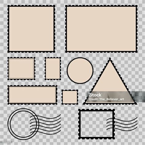 우표 프레임 복고풍 종이 엽서 및 우편 배달 봉투 우표 벡터 수집을 위한 다른 크기의 빈 우표 벡터 일러스트레이션 가장자리에 대한 스톡 벡터 아트 및 기타 이미지 Istock