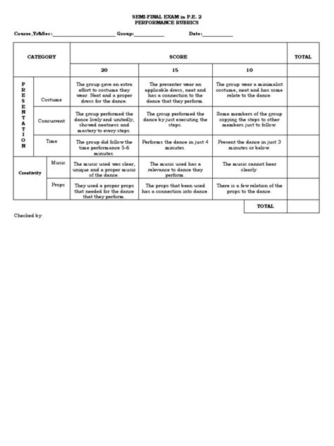 Rubrics For Pe Semi Final Pdf