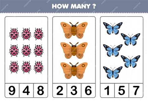 귀여운 만화 무당벌레 나방 나비 인쇄 가능한 버그 워크시트의 수를 세는 어린이를 위한 교육 게임 프리미엄 벡터