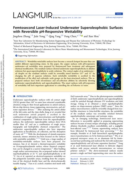 Pdf Femtosecond Laser Induced Underwater Superoleophobic Surfaces With Reversible Ph
