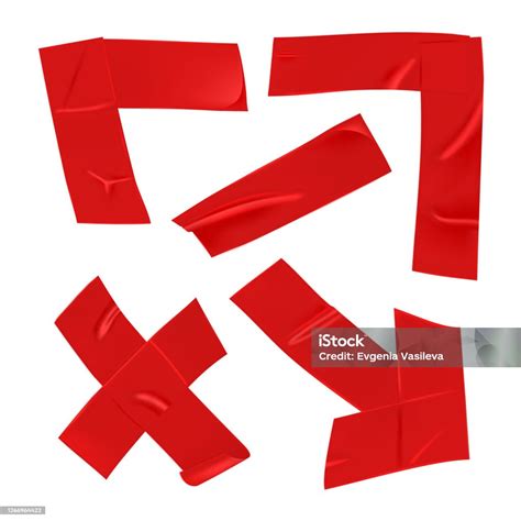 흰색 배경에 격리 된 빨간색 덕트 수리 테이프 설정 고정을위한 사실적인 빨간색 접착 테이프 조각 스카치 화살표 십자가 모서리와 종이 붙어 사실적인 3d 벡터 일러스트레이션