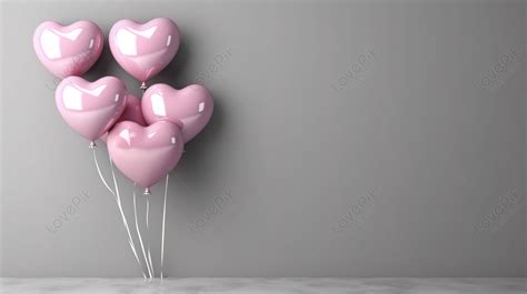 중간 회색 배경에 분홍색 하트 모양의 풍선 클러스터를 보여주는 3d 배경 회색 풍선 배경 홍색 배경 풍선 배경 이미지