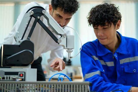 Premium Photo Trainee Robotics Engineer Learning With Programming And Manipulating Robot Hand