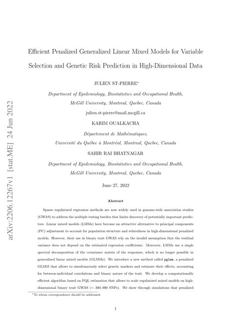 Pdf Efficient Penalized Generalized Linear Mixed Models For Variable