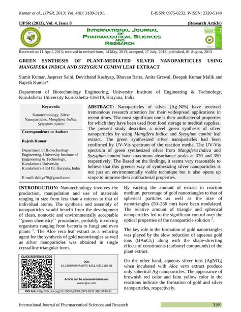 Pdf Green Synthesis Of Plant Mediated Silver Nanoparticles Dokumentips