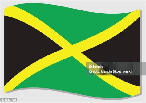 자메이카 벡터 그래픽의 깃발을 흔드는 자메이카 국기 그림을 흔들다 바람에 자메이카 국가 플래그 물결 모양은 자유와 독립의 상징이다 기에 대한 스톡 벡터 아트 및 기타 이미지