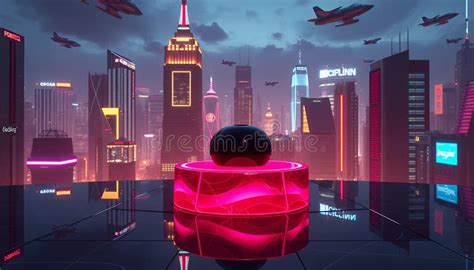Pixel Art Futuristic Cityscape With Glowing Orb At Night Stock Illustration Illustration Of