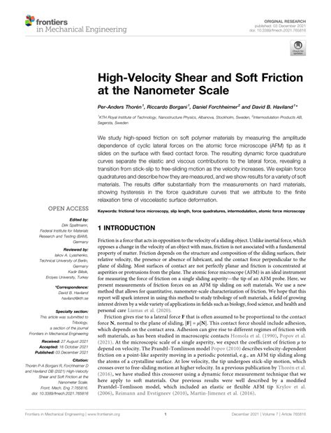 Pdf High Velocity Shear And Soft Friction At The Nanometer Scale