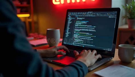 Close Up Of A Person S Hands Typing On A Laptop Keyboard Displaying Lines Of Code Stock