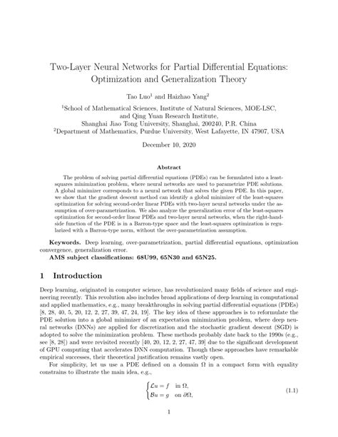Pdf Two Layer Neural Networks For Partial Differential Equations Optimization And