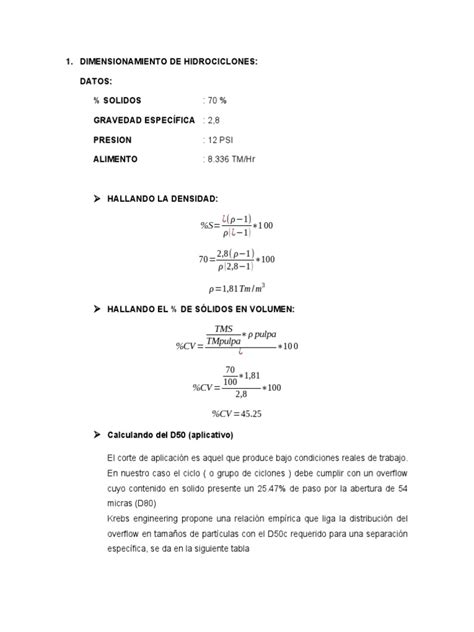 Dimensionamiento De Hidrociclones 22 Pdf Metrología Cantidades Fisicas