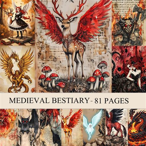 Medieval Scarlet Bestiary Junk Journal Pages Digital Paper Scrapbook