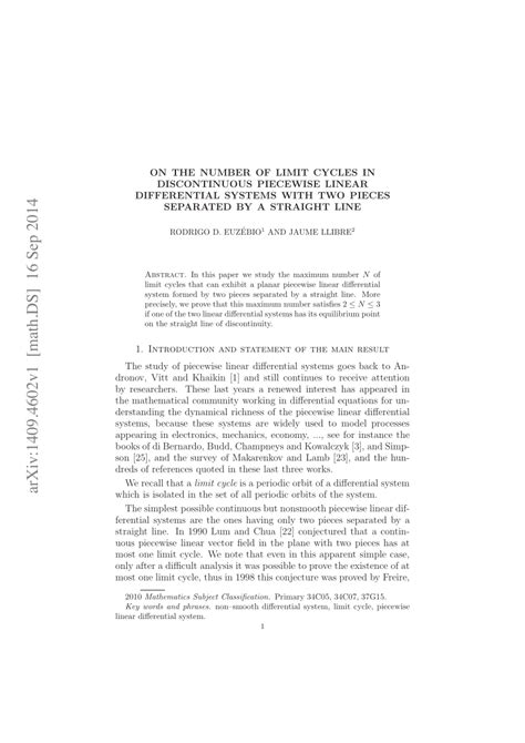 Pdf On The Number Of Limit Cycles In Discontinuous Piecewise Linear Differential Systems With