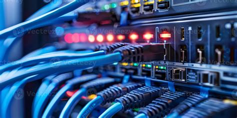 Closeup Of Ethernet Cables Connected To A Server With Glowing Led