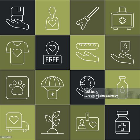세트 라인 약병과 알약 물 한 병 헌혈 걸레 심장이 있는 위치 옷 책 및 기부 음식 아이콘 벡터 개에 대한 스톡 벡터 아트 및 기타 이미지 Istock