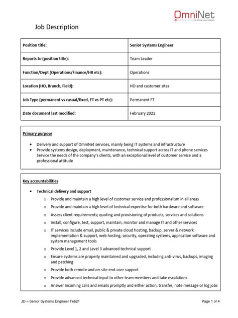 Jd Senior Systems Engineer Final 202102 Pdf Information Technology Computer Engineering