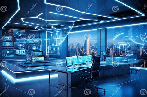 Futuristic Command Center Overlooking The City Stock Illustration Illustration Of Interactive