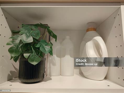 세탁 세제의 두 개의 큰 플라스틱 병과 하나의 몬스테라 식물과 함께 흰색 캐비닛 스톡 사진 0명에 대한 스톡 사진 및 기타 이미지 Istock