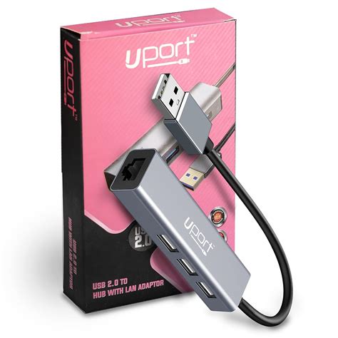 UPORT USB Ethernet Adapter In Multiport Hub With RJ LAN Connector For Laptop Computer
