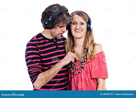 Couple With Headphones Stock Image Image Of Female Background