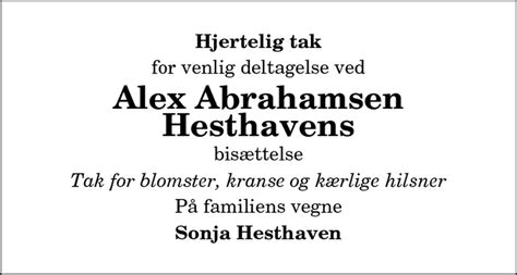 Dødsannonce Alex Abrahamsen Hesthaven Jerup Dødsannoncer Dk