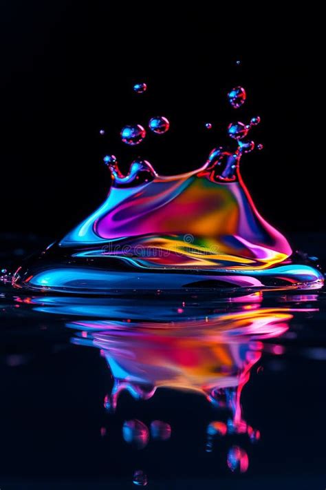 Colorful Holographic Liquid Blob Splashing In Darkness With Bubbles And Reflections Stock