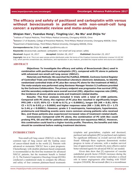 Pdf The Efficacy And Safety Of Paclitaxel And Carboplatin With Versus Without Bevacizumab In
