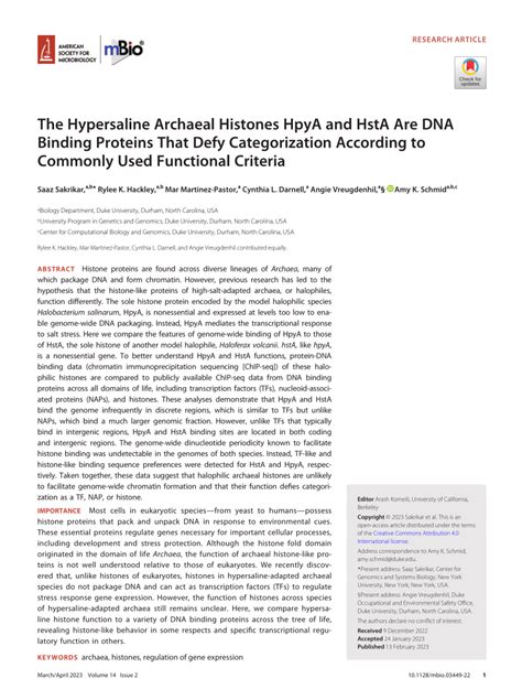 Pdf The Hypersaline Archaeal Histones Hpya And Hsta Are Dna Binding Proteins That Defy