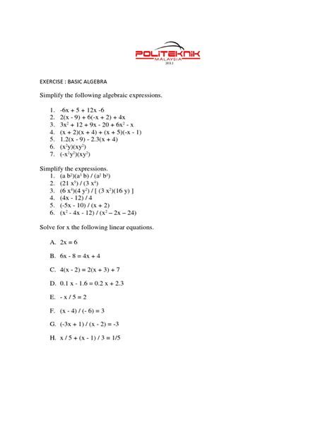 Exercise 1 Basic Algebra Pdf