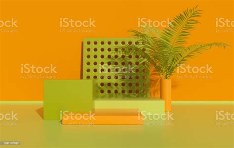 기하학적 모양의 3d 렌더링 스튜디오 바닥에 연단 제품 프레젠테이션을 위한 플랫폼 배경 모의 최소한의 디자인의 추상적 구성 열대 손바닥 잎 그림자 연단에 대한 스톡 사진 및
