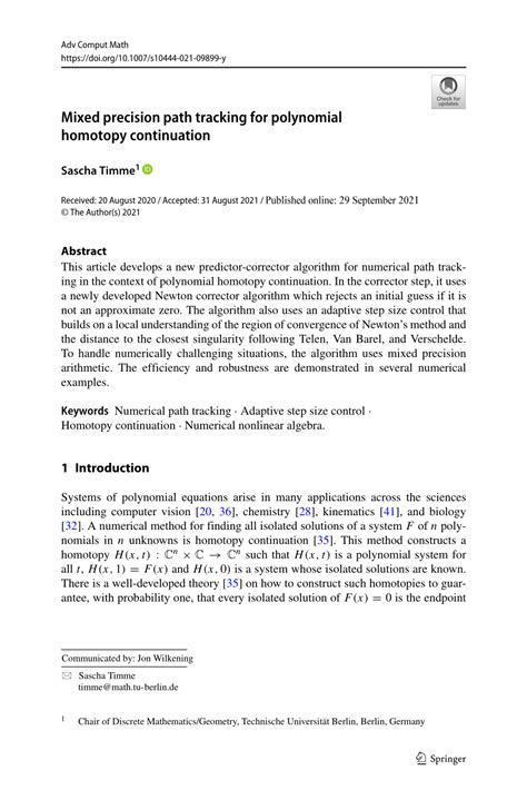 Pdf Mixed Precision Path Tracking For Polynomial Homotopy Continuation
