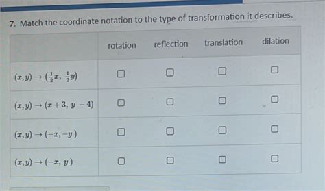 Solved 7 Match The Coordinate Notation To The Type Of Transformation It Describes [coordinate