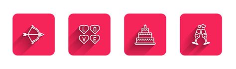 세트 라인 활과 화살 사랑 텍스트 웨딩 케이크 및 긴 그림자가 있는 샴페인 잔 빨간색 사각형 버튼입니다 벡터 겨냥에 대한 스톡 벡터 아트 및 기타 이미지 Istock