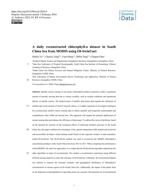 Pdf A Daily Reconstructed Chlorophyll A Dataset In South China Sea From Modis Using Oi Swinunet