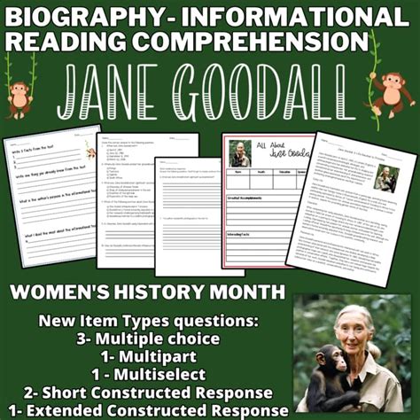 Jane Goodall Biography Reading Passage Womens History Month Tpt