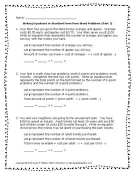 Writing Linear Equations In Standard Form From Word Problems Scaffolded