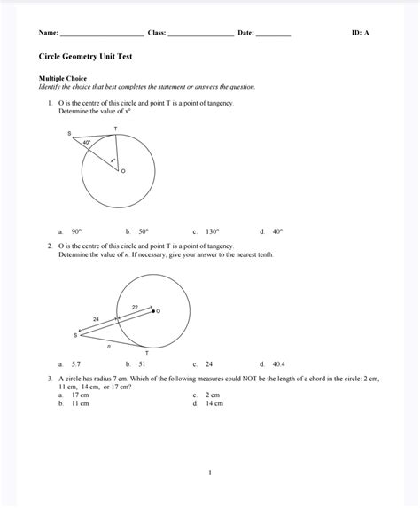 Circle Geometry Unit Test Multiple Choice Questions O Is The Centre Of