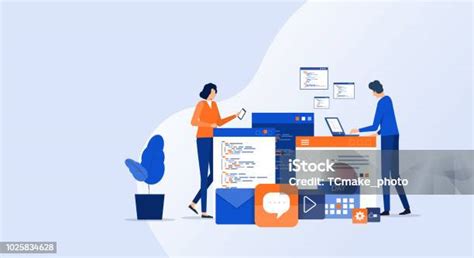 프로그래머와 디자인 팀 비즈니스 팀 작업 개념 모바일 응용 프로그램 개발 큐비클에 대한 스톡 벡터 아트 및 기타 이미지