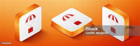 주황색 배경에 격리 된 낙하산 아이콘에 비행 등색 상자 배송을위한 낙하산이있는 소포 배송 서비스 항공 배송 컨셉 보너스 주황색 정사각형 버튼 벡터 개념에 대한 스톡 벡터