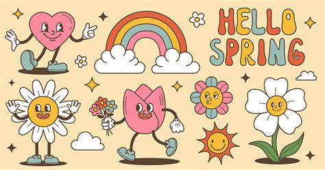 안녕 봄 그루비 요소 세트 꽃 심장 태양 무지개 레터링 복고풍 캐릭터 70년대 만화 벡터 일러스트 레이 션 만화에 대한 스톡 벡터 아트 및 기타 이미지 Istock
