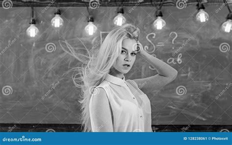 Teacher Concept Woman With Long Hair In White Blouse Stands In Classroom Stock Image Image Of